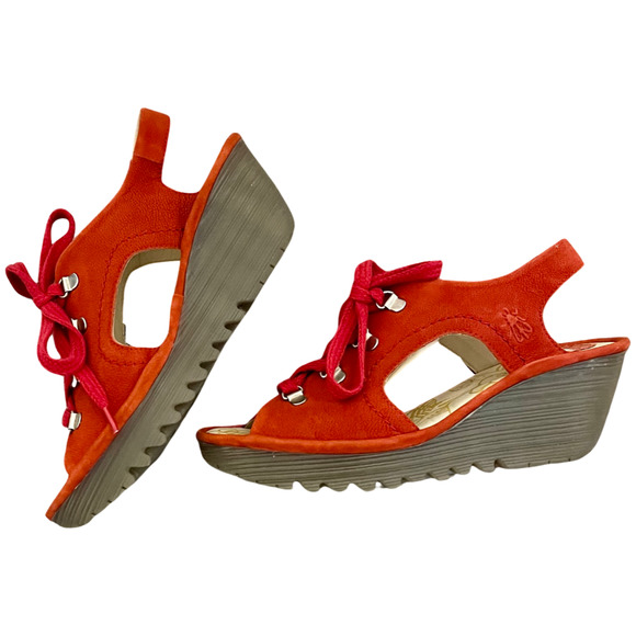Fly London | Shoes | Fly London Ylfa Sandals Wedge Lace Up Peep Toe Red ...